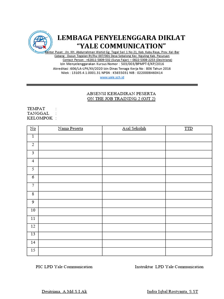Absensi Ojt 2 SD Pasuruan 2 Kel. 2 | PDF