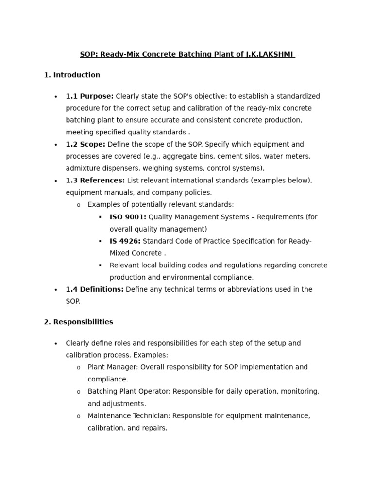 SOP Ready Mix Concrete Batching Plant | PDF | Calibration | Concrete