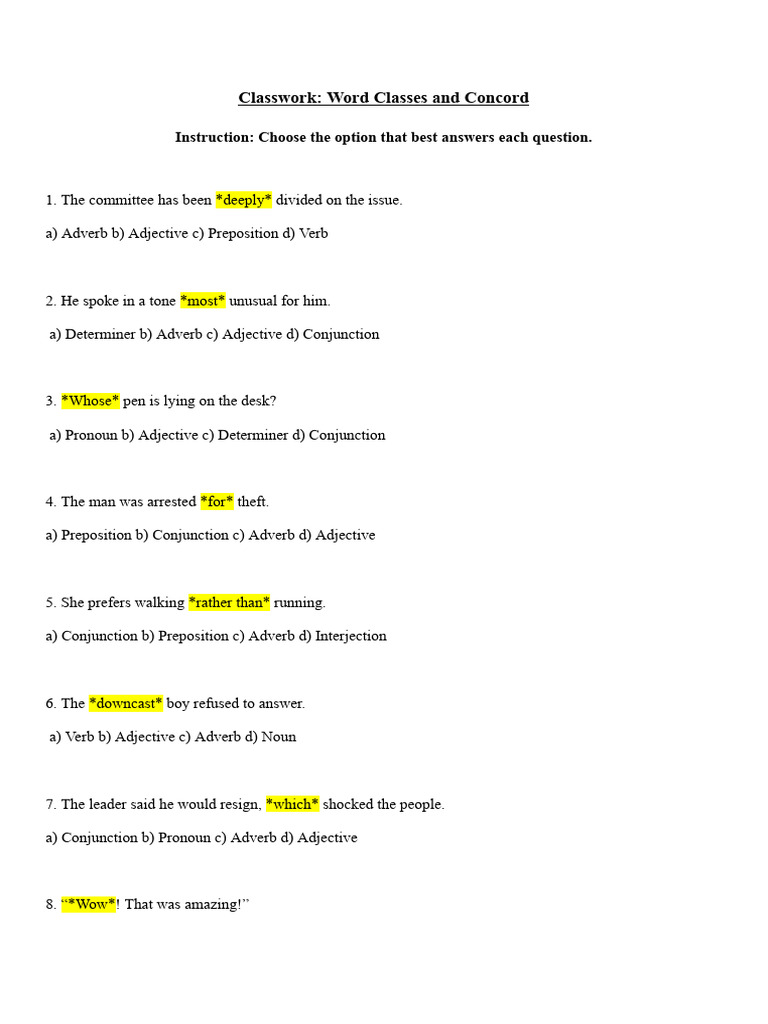 Word Classes and Concord Exercises | PDF | Adverb | Pronoun