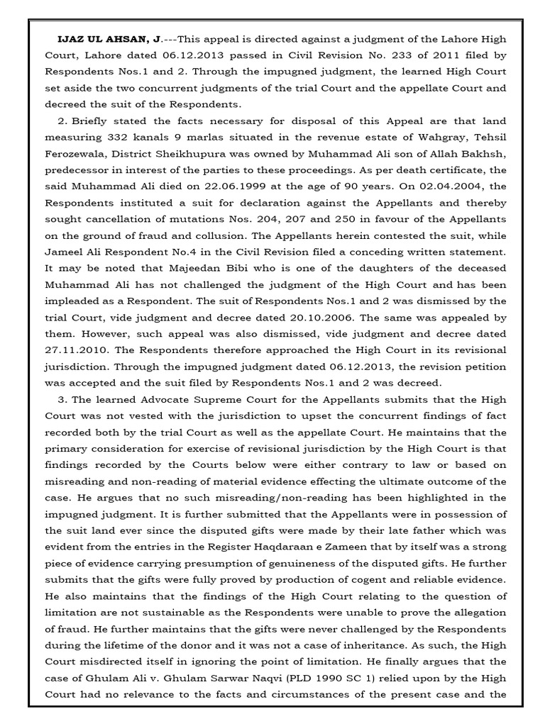 Lahore High Court Land Dispute Appeal | PDF | Lawsuit | Judgment (Law)