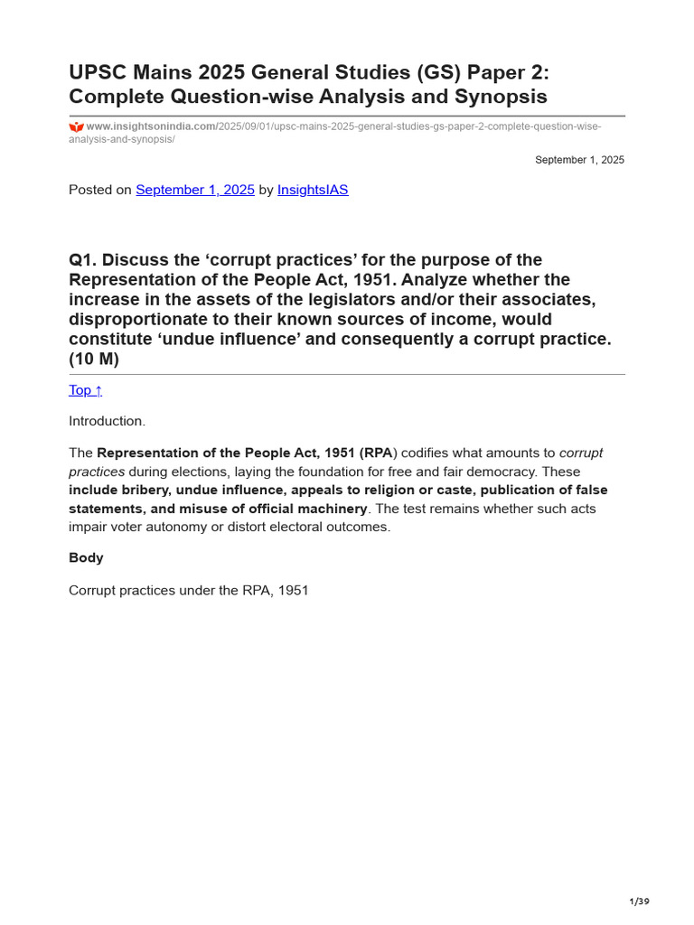 UPSC Mains 2025 General Studies (GS) Paper 2 - Complete Question-Wise ...