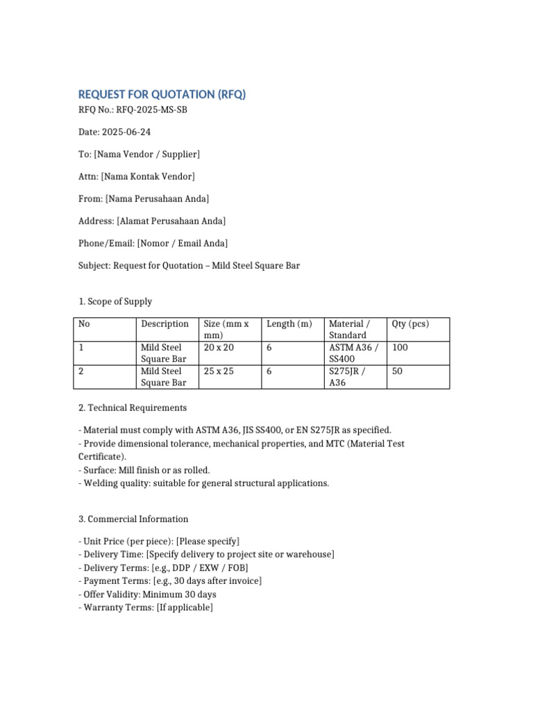 RFQ Mild Steel Square Bar | PDF