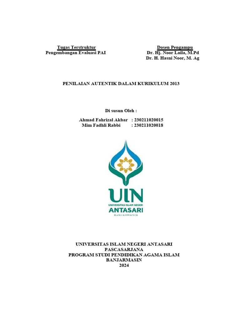 Penilaian Autentik Dalam Kurikulum 2013 | PDF