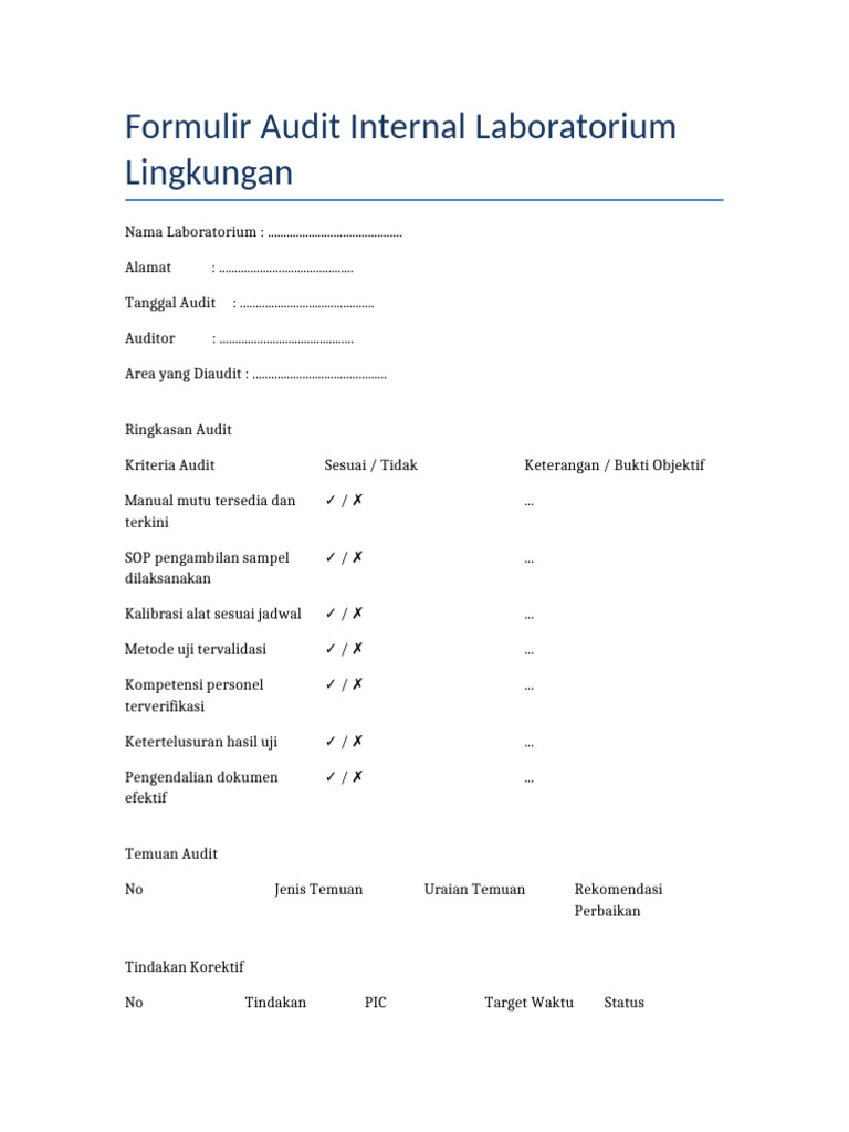Formulir Audit Internal Laboratorium | PDF