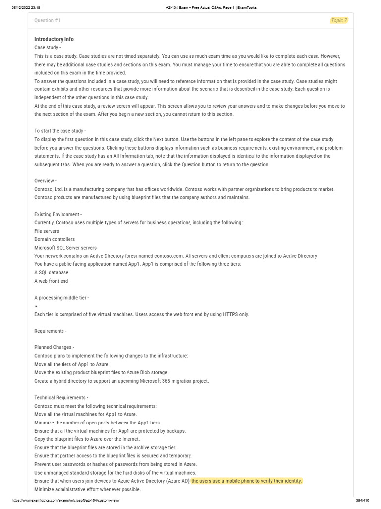 AZ-104 Exam Case Study Overview | PDF | Active Directory | Computer File