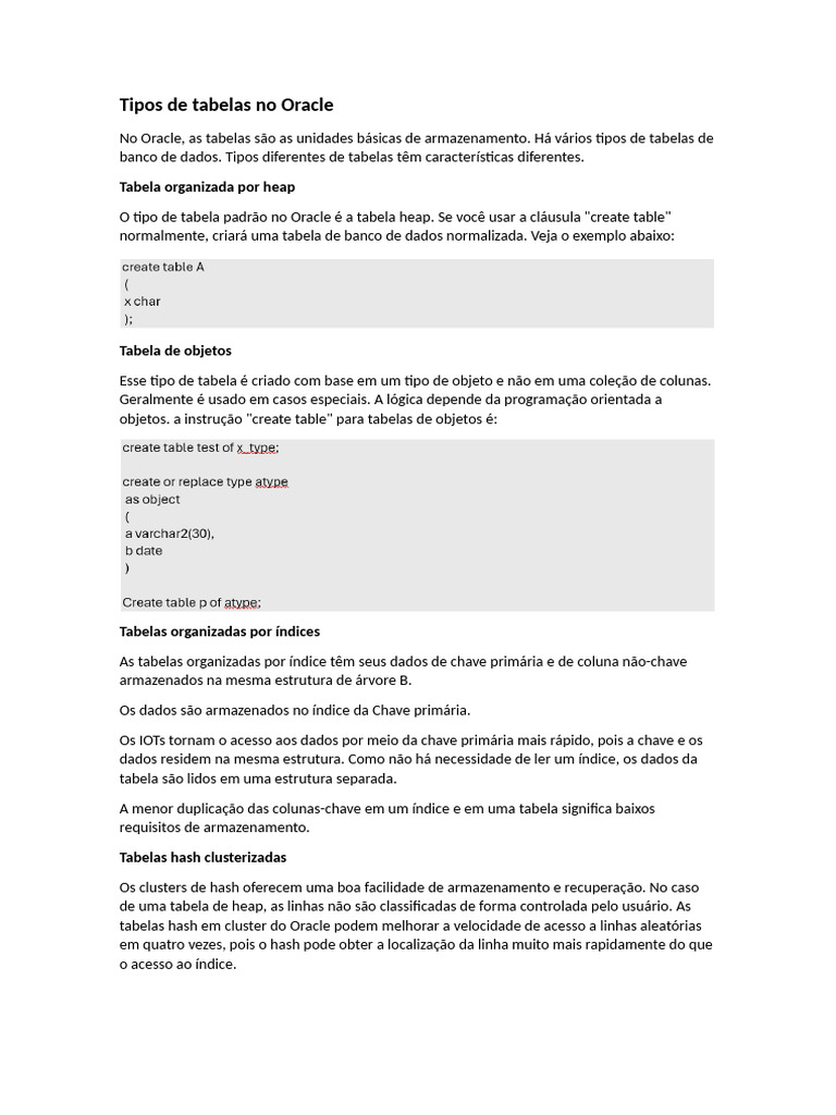 Tipos de Tabelas e Dados no Oracle | PDF | Tipo de dados | Tabela ...