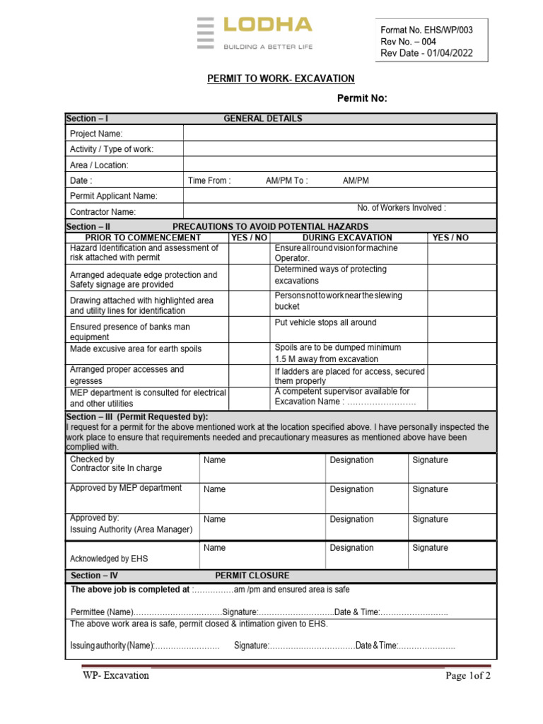EHSWP003 - Excavation Permit | PDF | Safety | Occupational Safety And Health