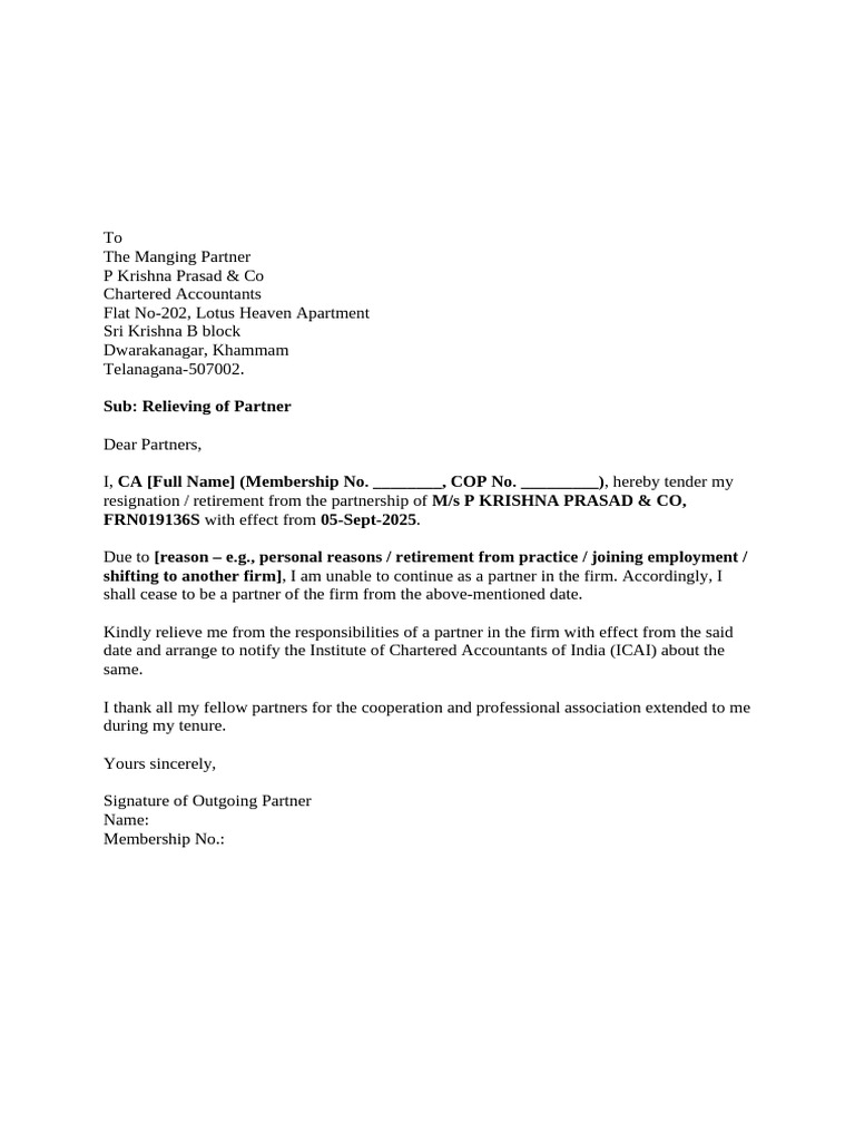 Partner Relieving Letter Format | PDF