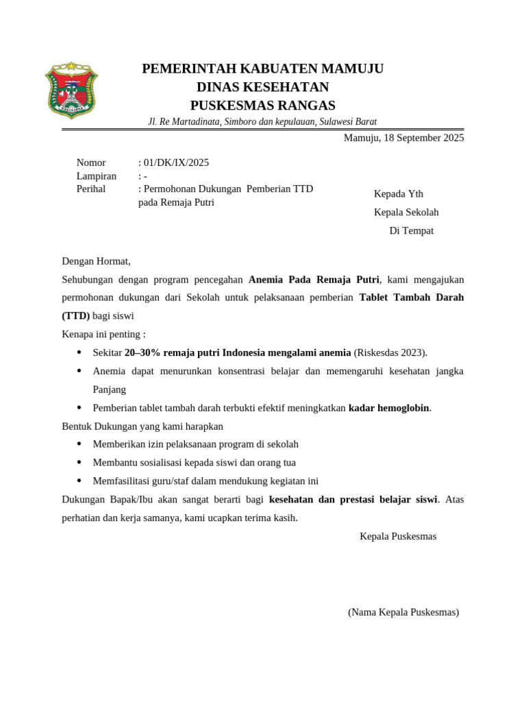 Permohonan Dukungan TTD Remaja Putri | PDF