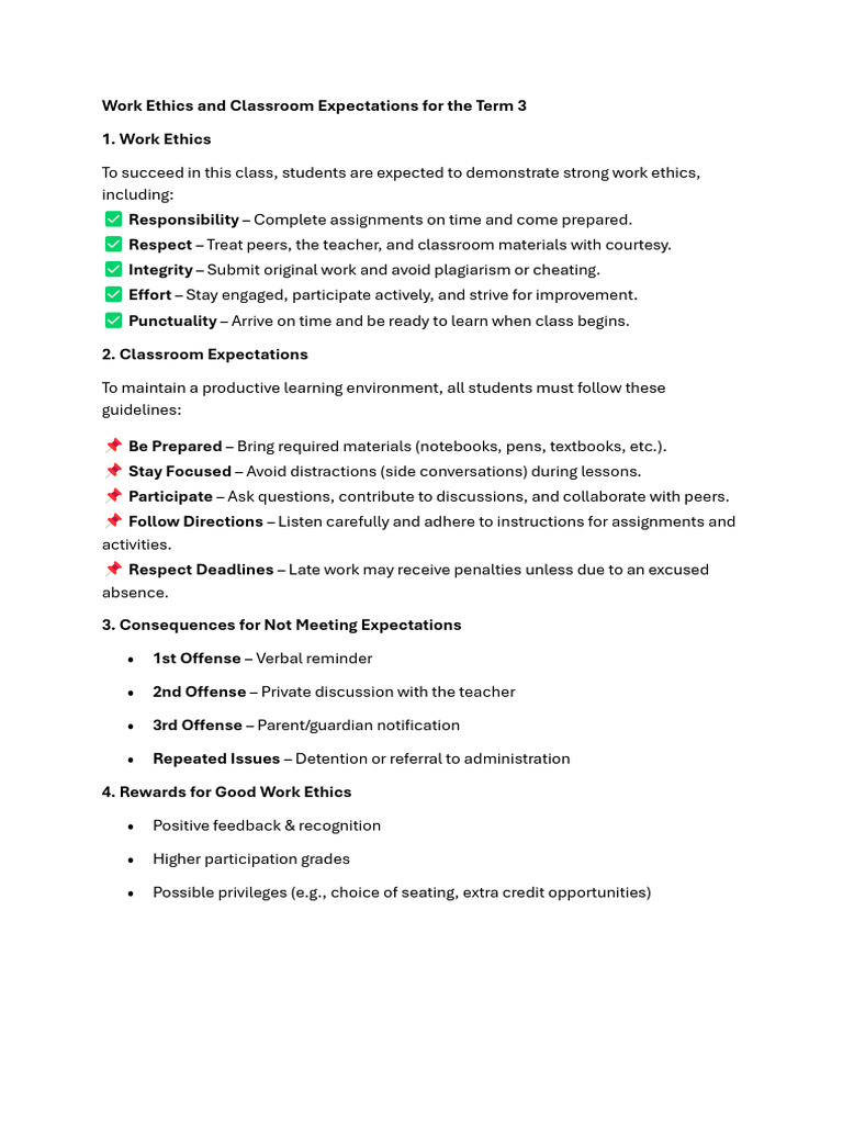 Work Ethics and Classroom Expectations For The Term | PDF