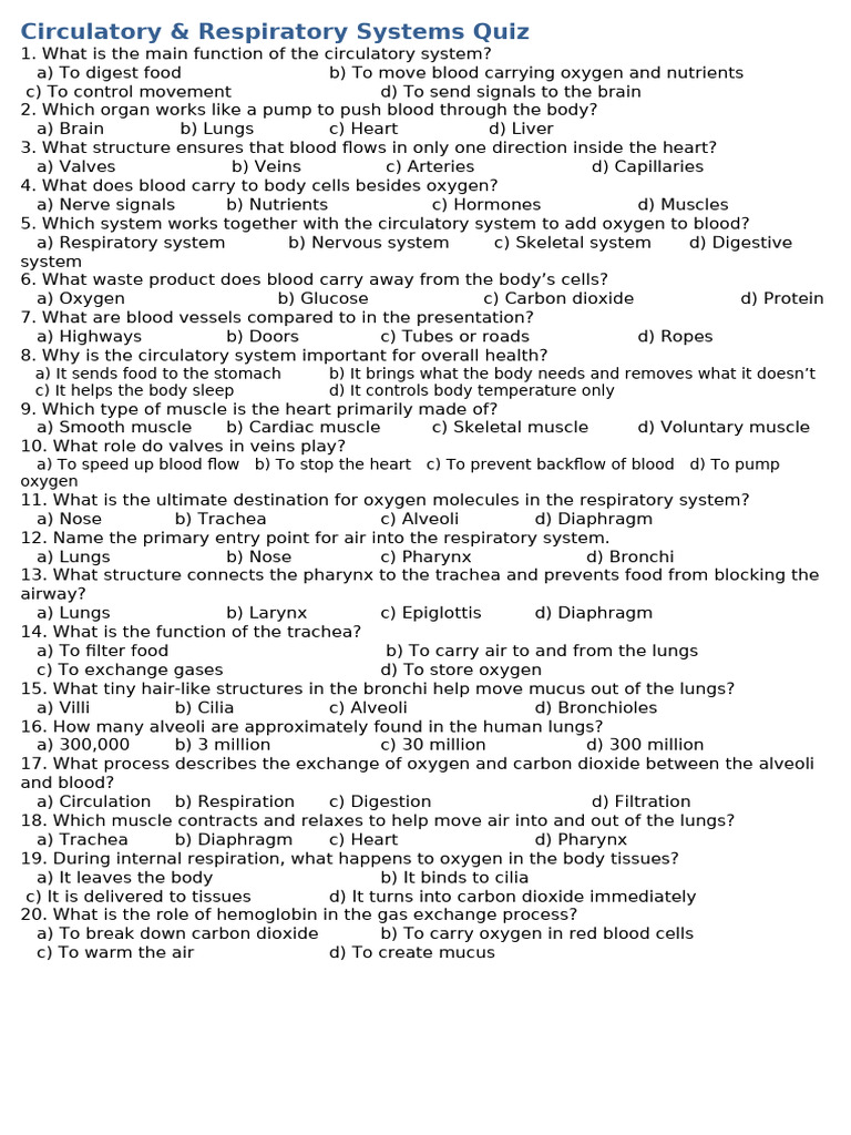 Circulatory Respiratory Systems Quiz | PDF | Respiratory Tract ...