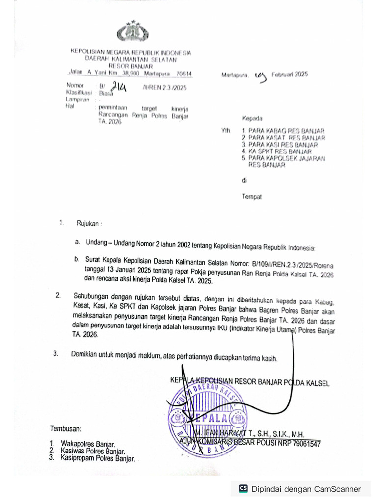 Surat Permintaan Target Kinerja Rancangan Renja Polres Banjar TH 2026 | PDF