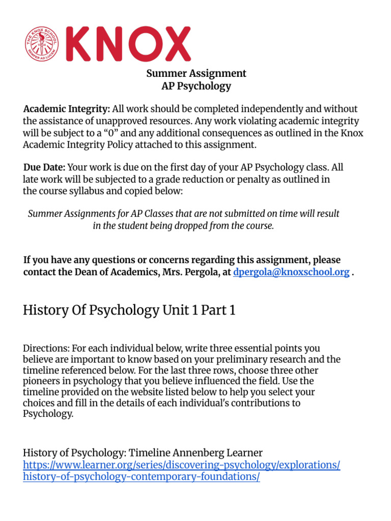 Summer Assignment AP Psych 2025 | PDF | Psychology | Behavioural Sciences