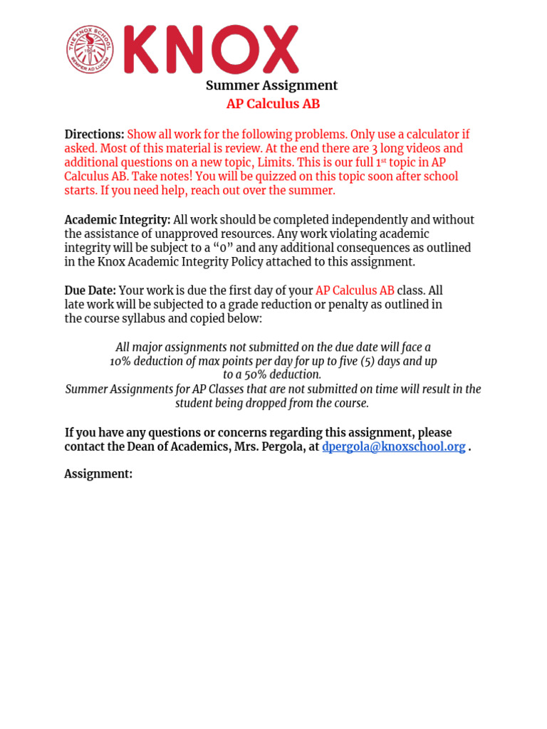 AP Calculus AB Summer Assignment | PDF | Zero Of A Function | Logarithm