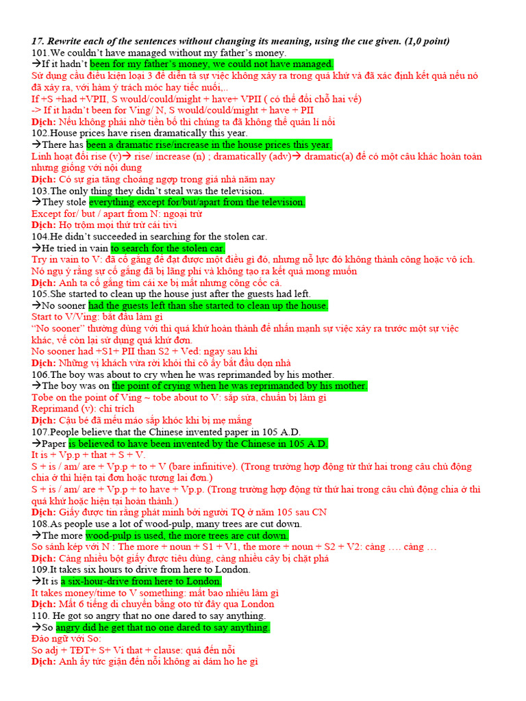 Rewrite Each of The Sentences Without Changing Its Meaning, Using The ...