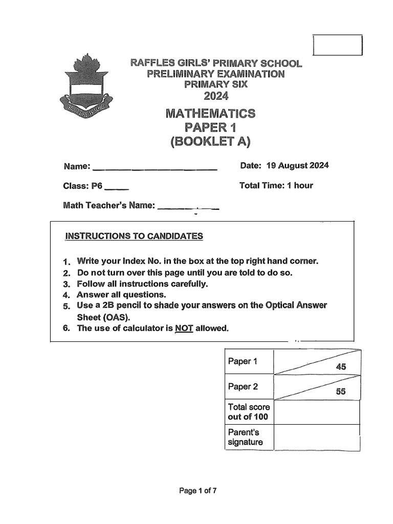 2024 P6 Maths Prelim Exam Raffles | PDF | Qualifications | Educational Assessment And Evaluation
