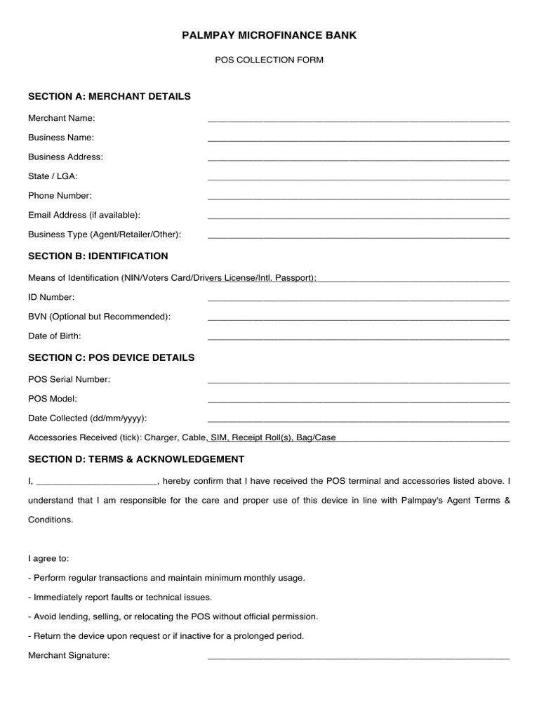 Palmpay POS Collection Form PALMPAY | PDF | Identity Document | Point ...