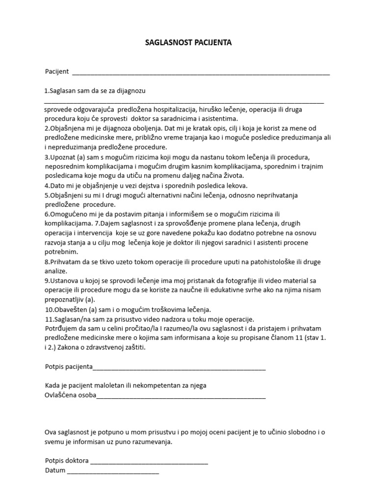 Saglasnost Pacijenta 1 | PDF