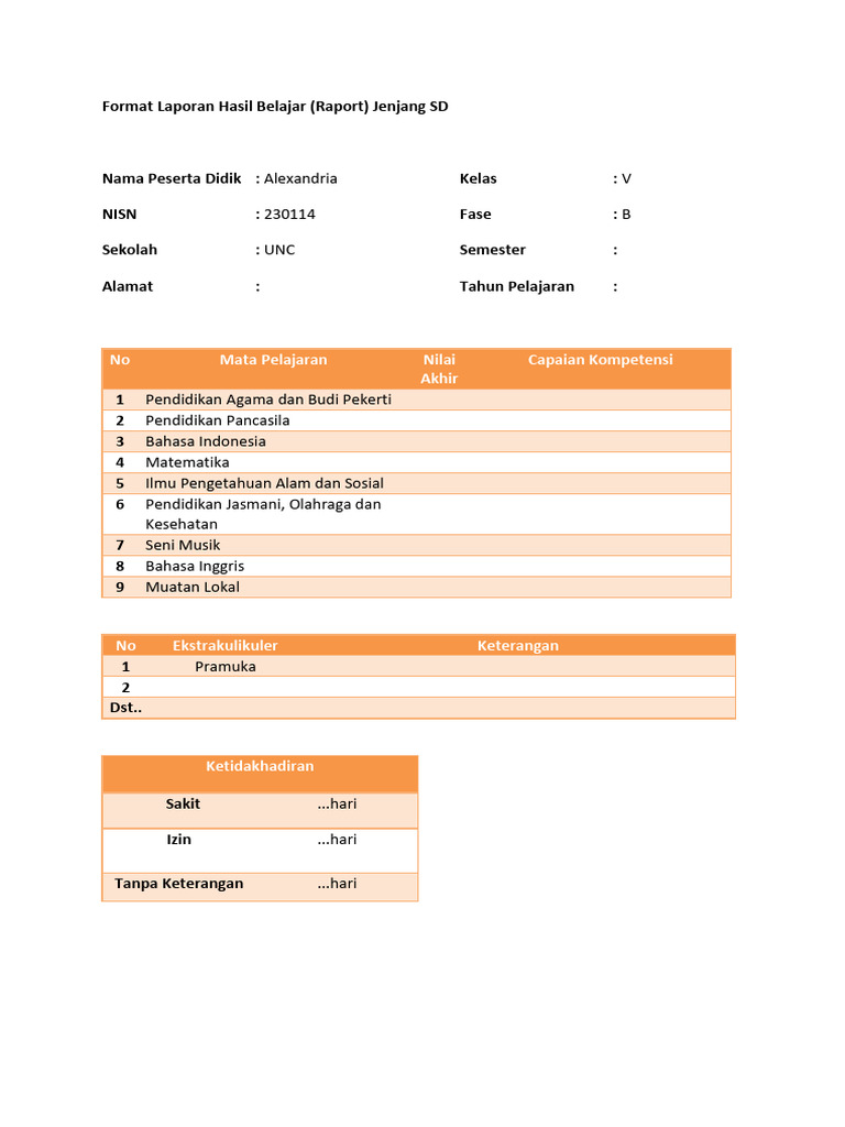 Format Raport SD Kelas V 2023 | PDF