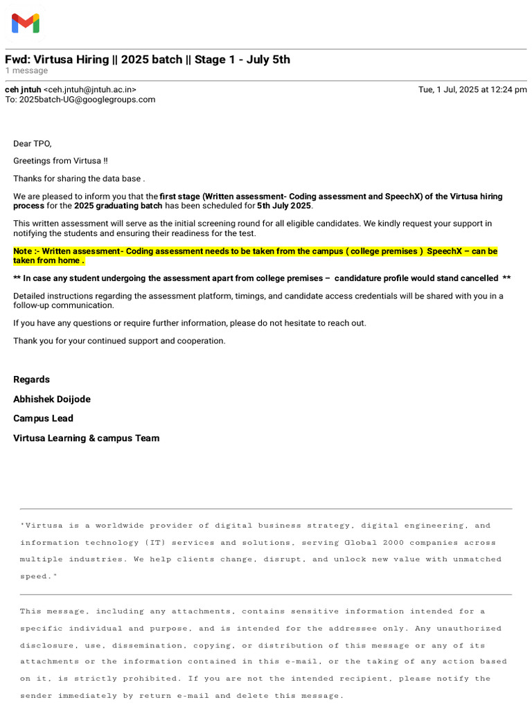 Virtusa Hiring for 2025 Batch: Stage 1 | PDF | Communication | Computing