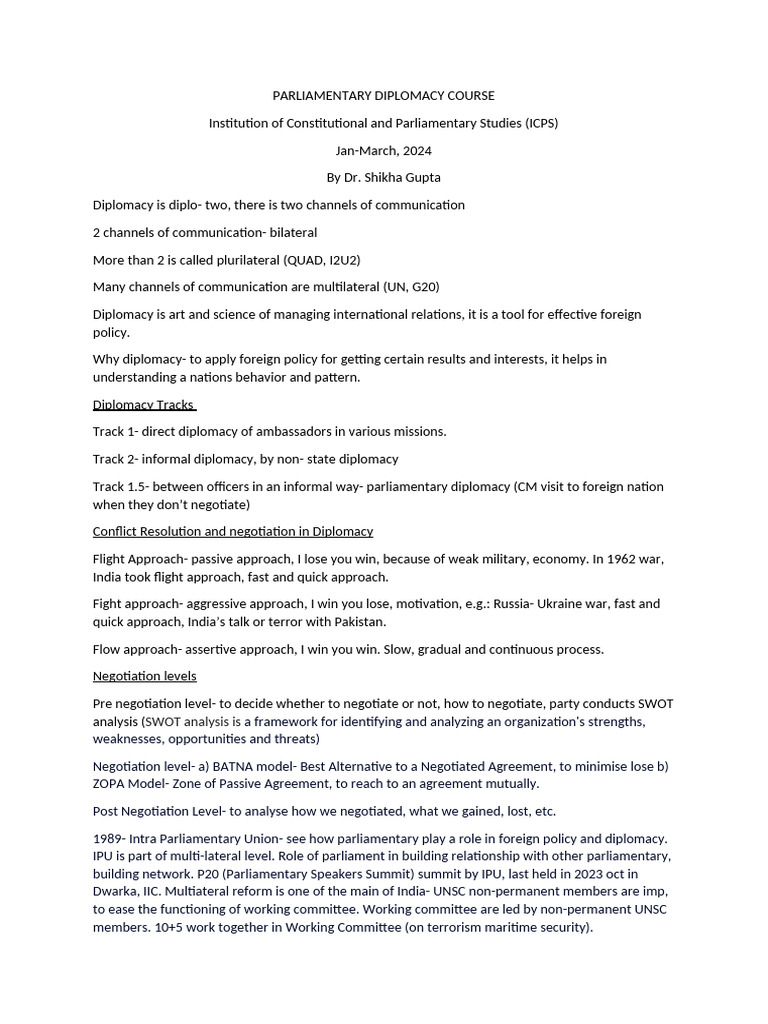 Parliamentary Diplomacy Course Overview | PDF | Negotiation | Diplomacy