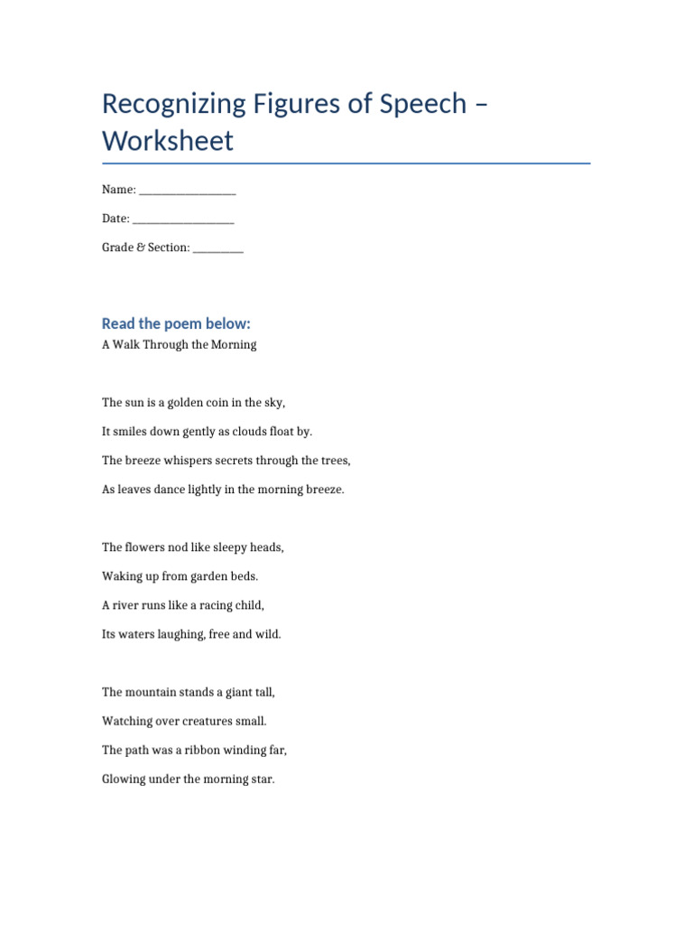 Grade 5 Figures of Speech Worksheet | PDF
