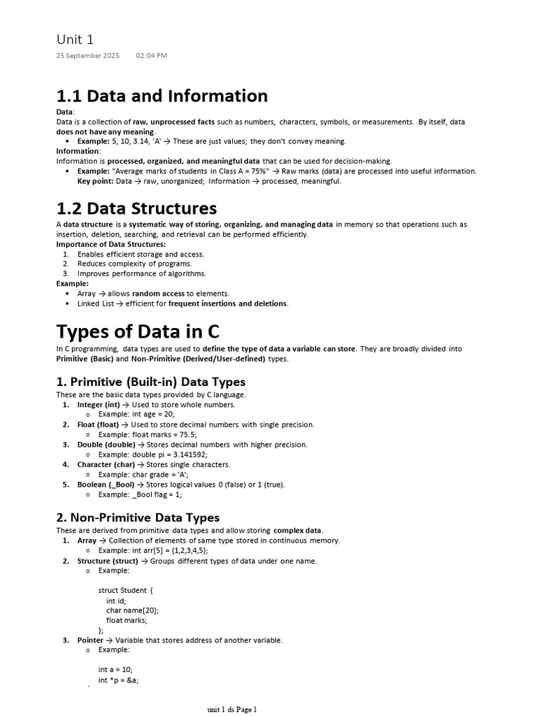 Unit 1 Ds | PDF | Data Type | Pointer (Computer Programming)