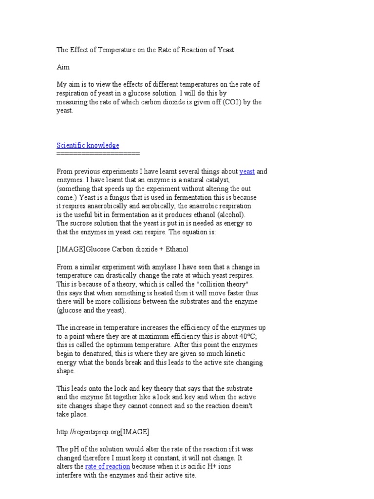 The Effect of Temperature On The Rate of Reaction of Yeast | PDF ...