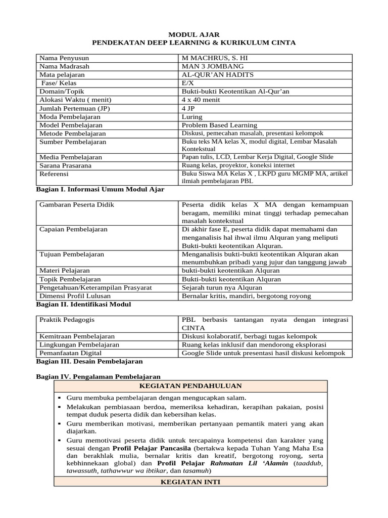 MODUL AJAR QH Kelas X (DL, KCB, Adiwiyata, Moderasi Beragama) | PDF