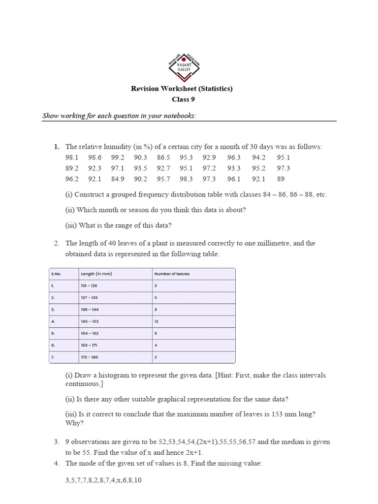 Revision Sheet - Class 9 Statistics | PDF