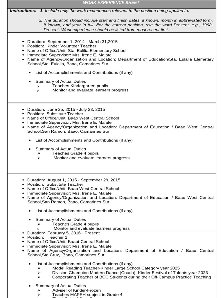 Pds Work Experience Sheet Form | PDF | Teachers | Behavior Modification