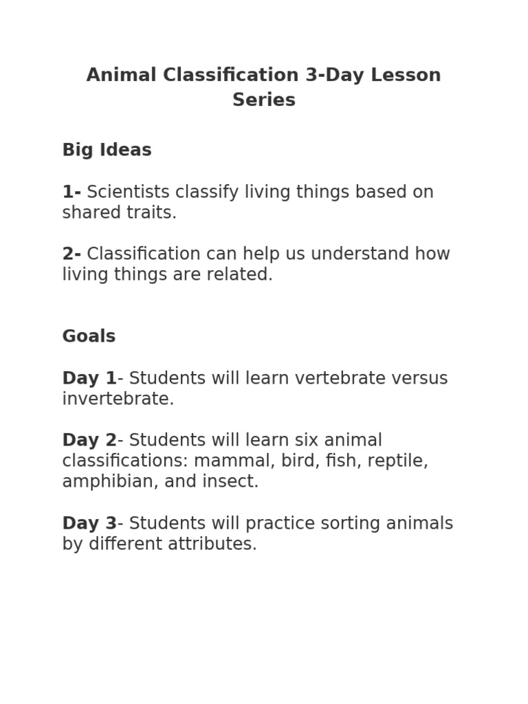 Animal Classification 3-Day Lesson Series | PDF | Invertebrate ...