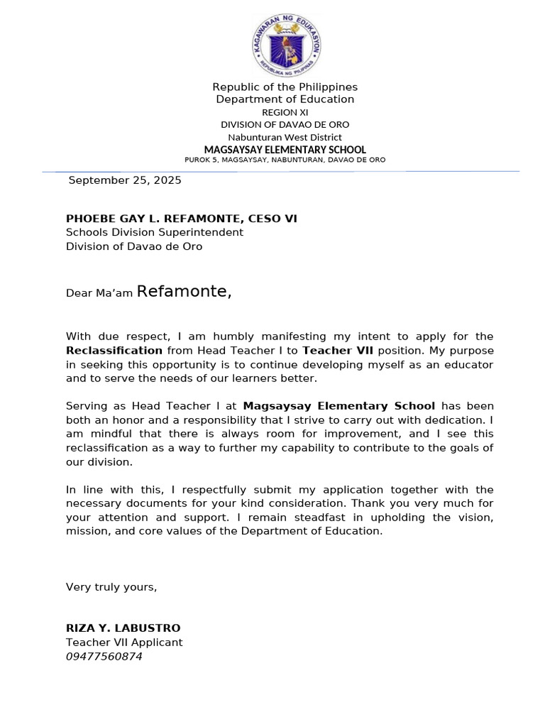Intent to Apply for Teacher VII Position | PDF