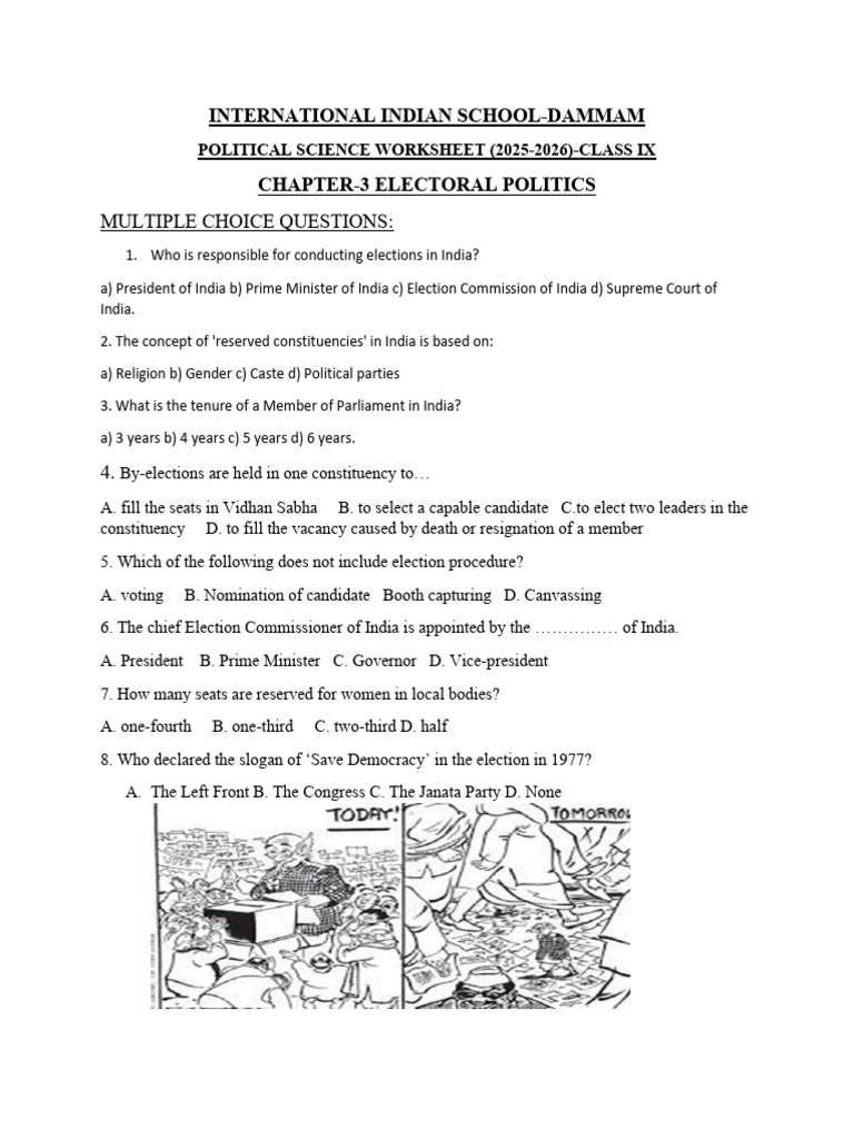 Electoral Politics - Worksheet - Ix (25-26) | PDF | Elections | Voting