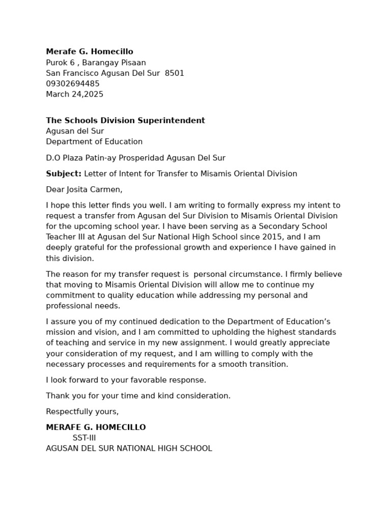 Intent Letter For Transfer | PDF