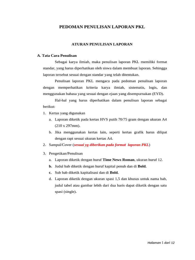 Pedoman Penulisan Laporan PKL 2025 | PDF