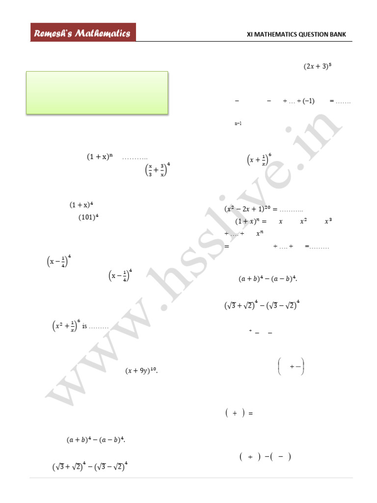 Hsslive Xi Maths-Qb 07 Binomial Theorem | PDF | Chess Openings | Chess Theory