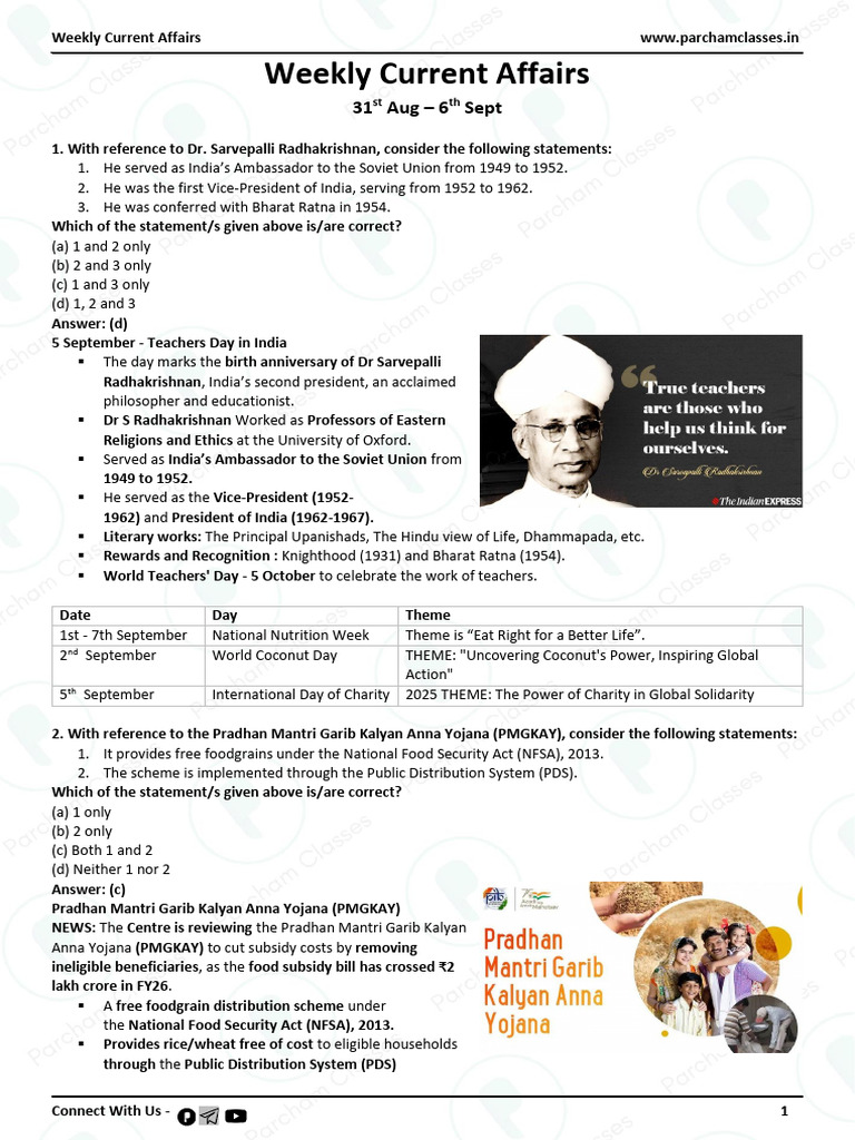 Weekly Current Affairs September Week 1 | PDF