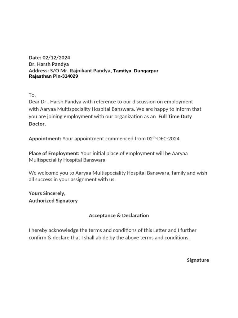 Employment Offer for Dr. Harsh Pandya | PDF