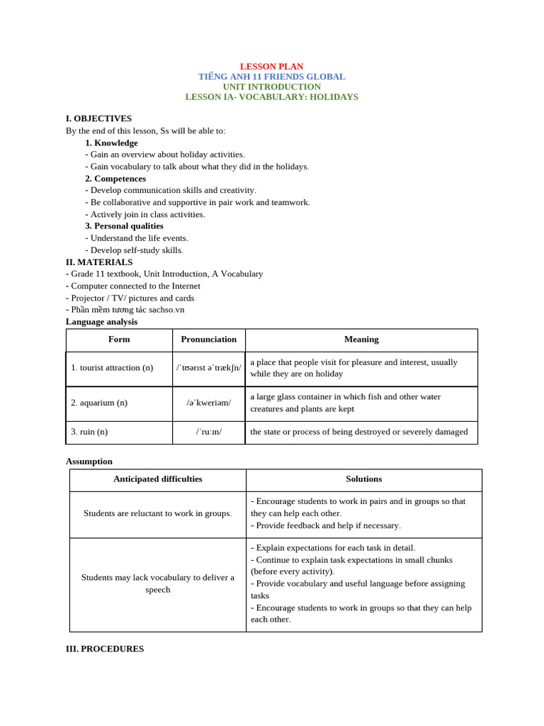 Vocabulary Lesson Plan: Holidays for Grade 11 | PDF | Verb ...