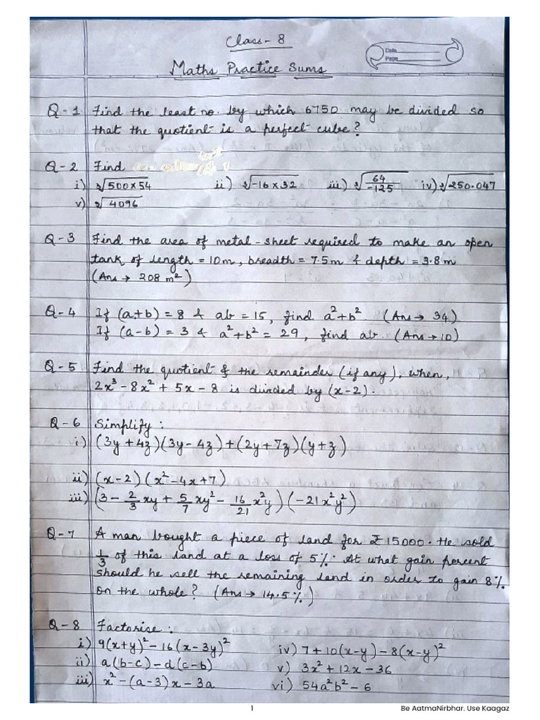 8th STD - Maths Practice Sums | PDF