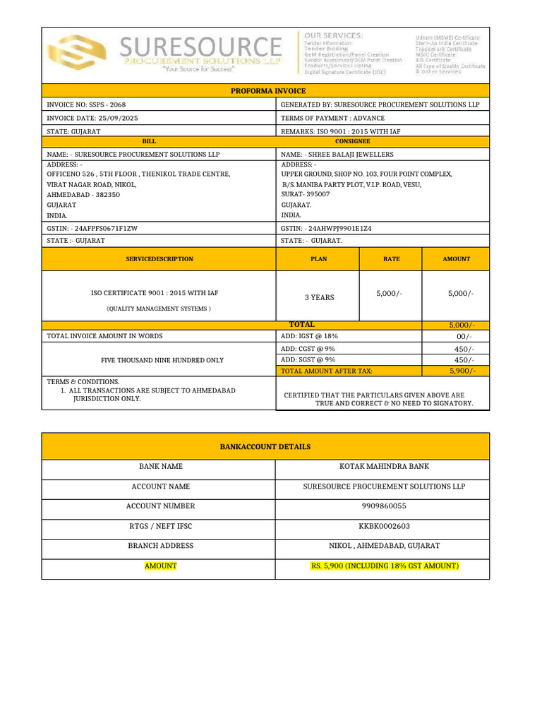 Proforma Invoice for ISO 9001 Certification | PDF | Invoice | Taxation