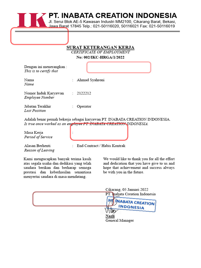 Surat Keterangan Kerja Inabata 2022 | PDF