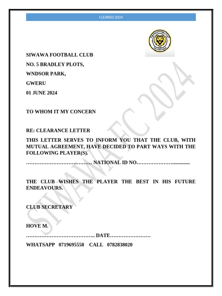 SIWAWA FC Player Clearance Letter | PDF