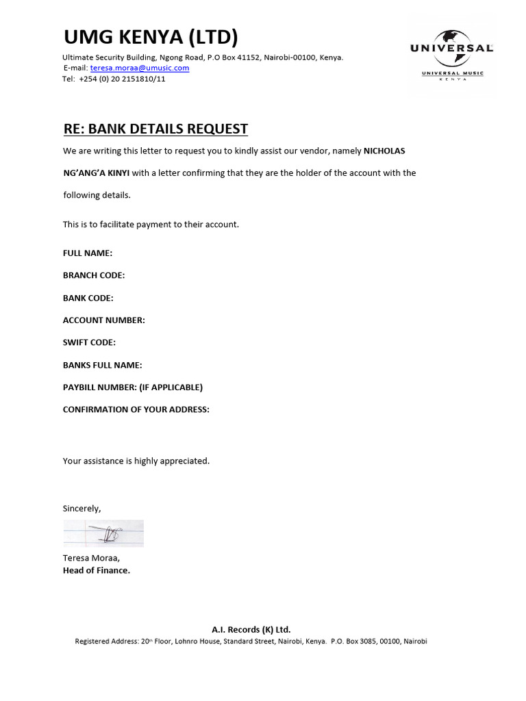 Bank Details Request Letter | PDF