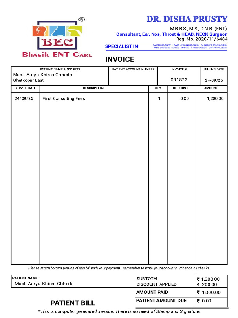 24-09-25 Mast. Aarya Khiren Chheda Invoice Dr. Disha Prusty Invoice-1 | PDF