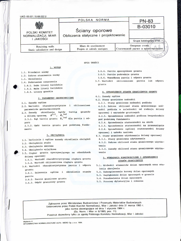 PN-83.B-03010 Sciany Oporowe. Obliczenia Statyczne I Projektowanie. | PDF