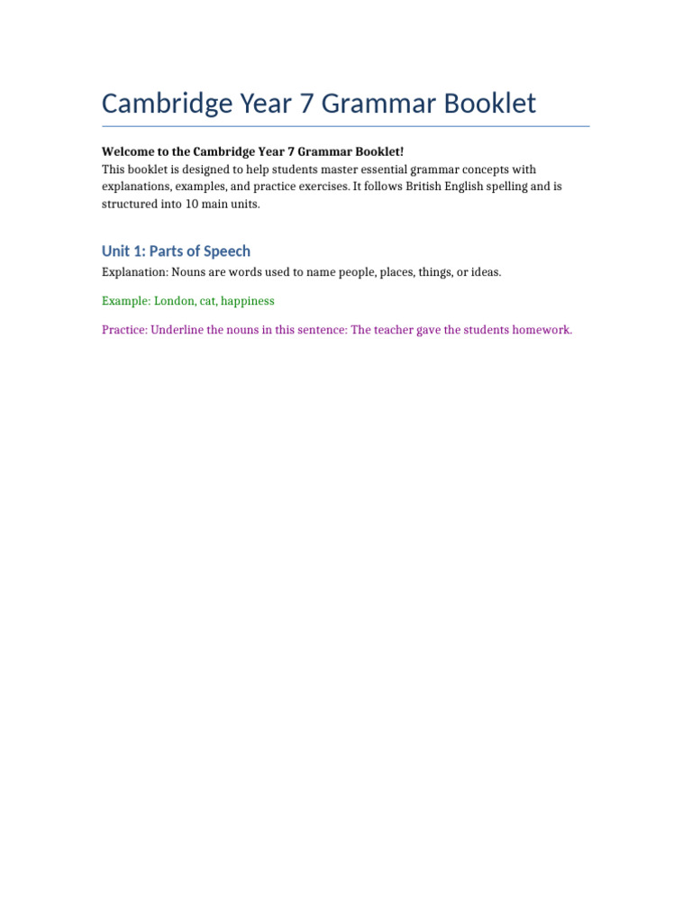Cambridge Year7 Grammar Booklet | PDF