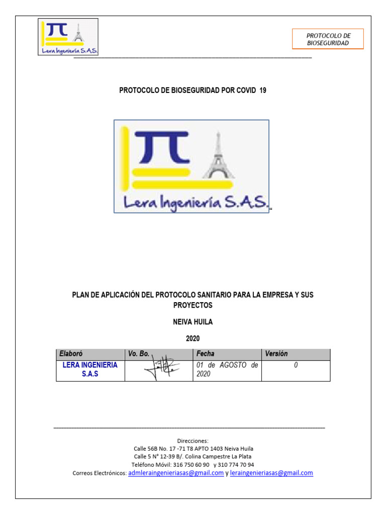 Protocolo Bioseguridad Lera Ingenieria S.A.S | PDF | Seguridad y salud ocupacional | Microorganismo