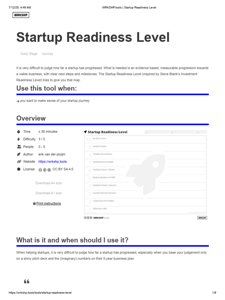 WRKSHP - Tools - Startup Readiness Level | PDF | Lean Startup | Startup ...